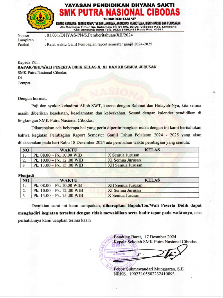 Surat Ralat Pembagian Raport Sem Ganjil 2024-2025 | PDF