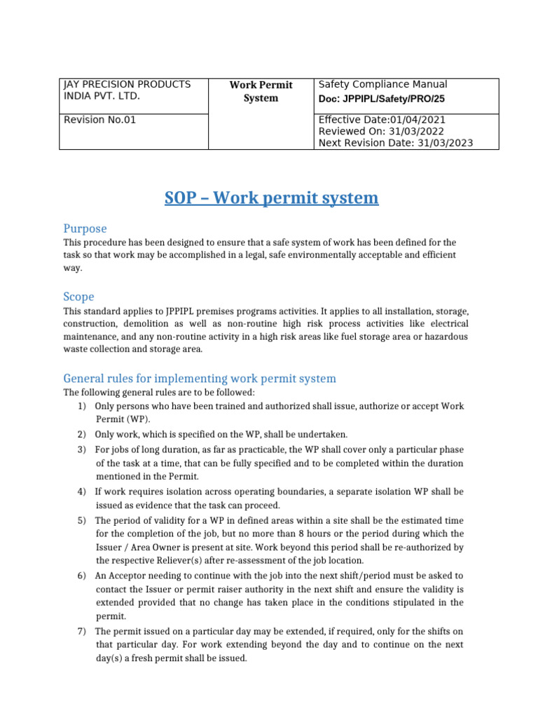 B 1.1.b.2. - SOP - Work Permit System | PDF | Audit | Occupational Safety And Health