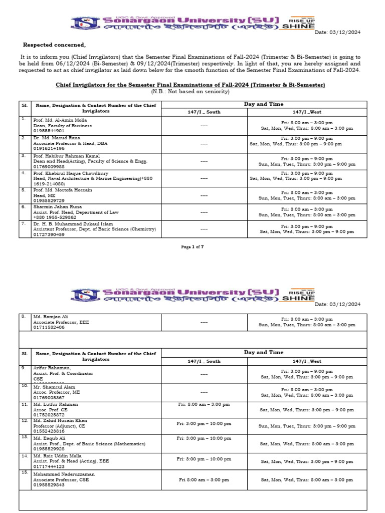 Chief Invigilators - Duties & Responsibilities - Final - Fall - 2024 (Bi - Tri) | PDF