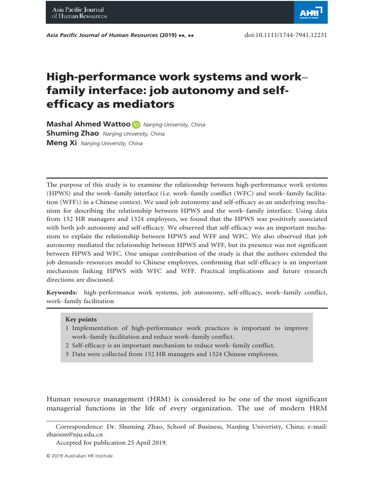 High-Performance Work Systems and Work | PDF | Self Efficacy | Psychology