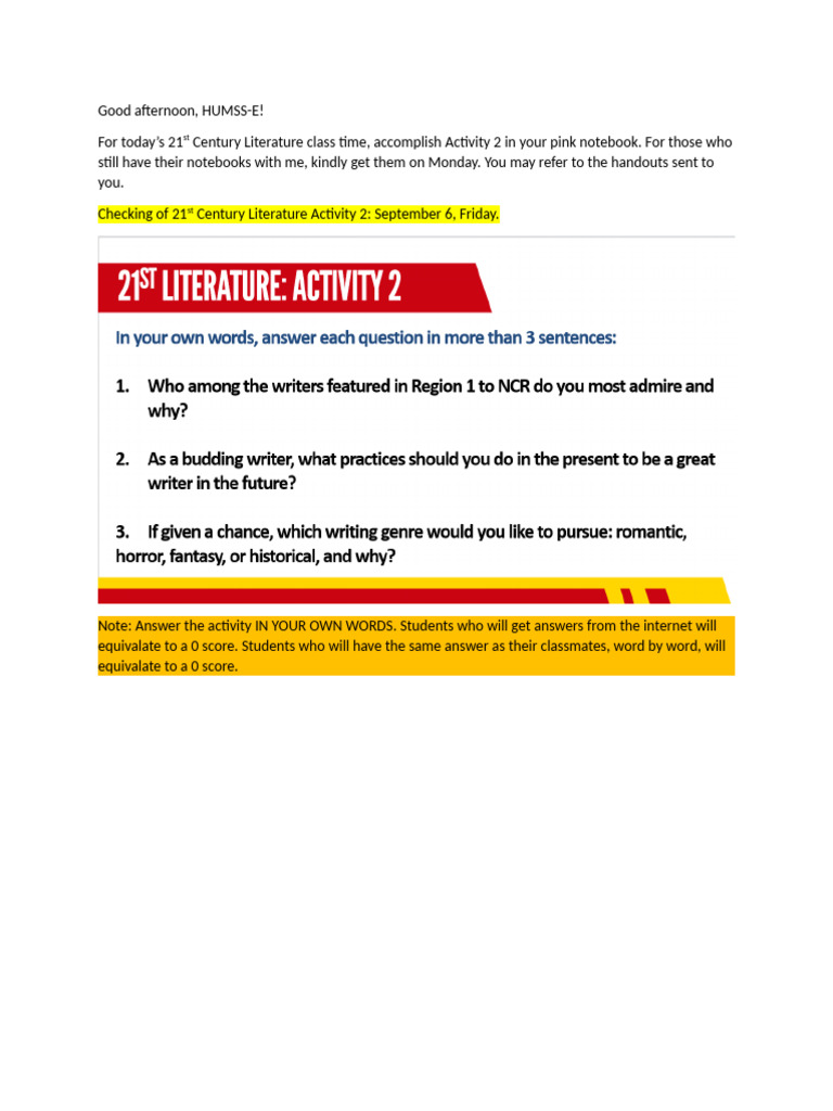 21st Century Literature - Activity | PDF