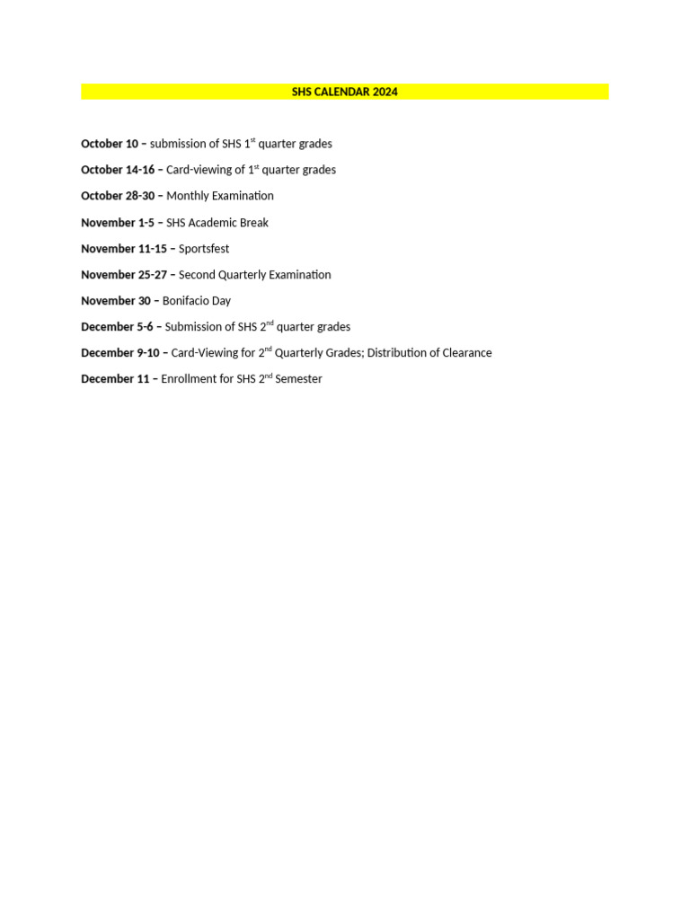 Shs Calendar 2024 | PDF