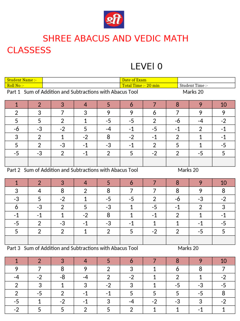 Abacus Exam Level 0 | PDF | Mathematics | Arithmetic