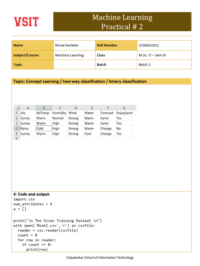 ML Practical 2 Worksheet | PDF | Machine Learning | Statistical Classification