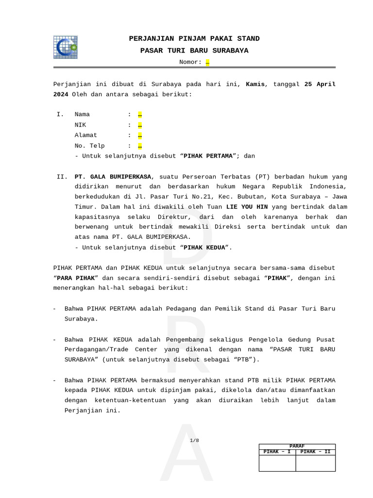 Draft Perjanjian Pinjam Pakai Untuk Titip Kelola Stand PTB (April 2024) | PDF