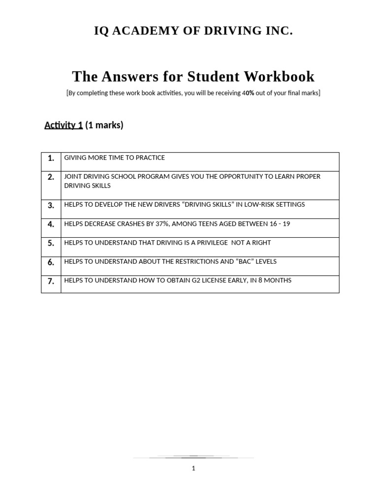Student Workbook Answers for Drivers Ed | PDF | Traffic | Driving