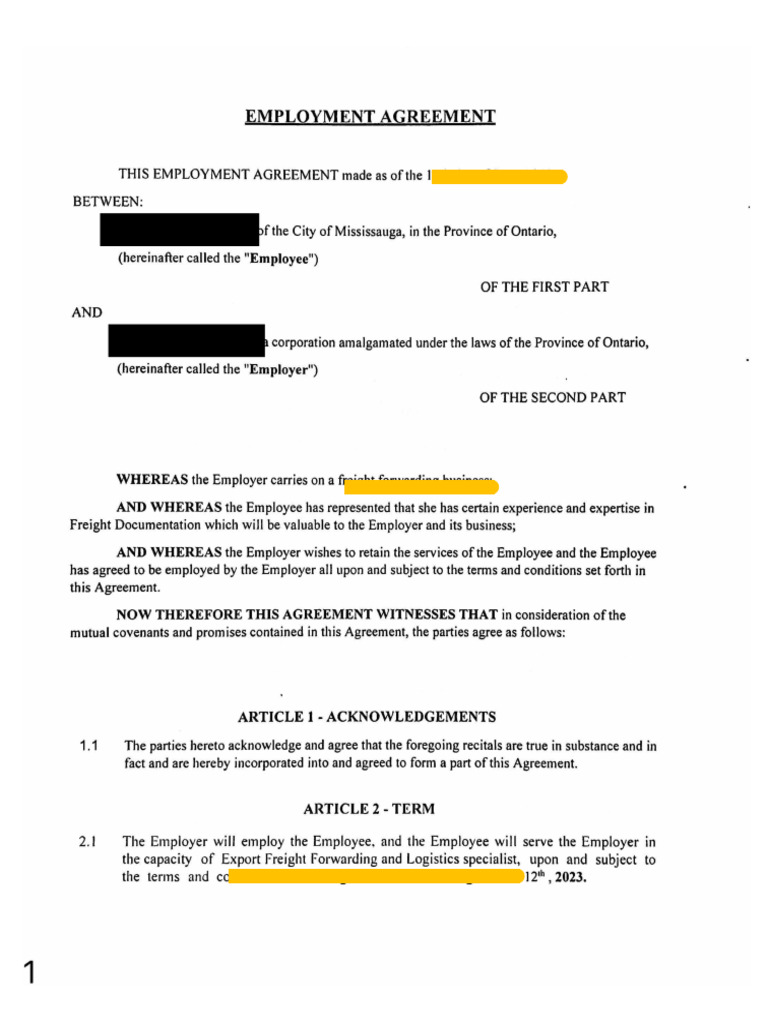SAMPLE EMPLOYMENT AGREEMENT - REDACTED - Redacted | PDF