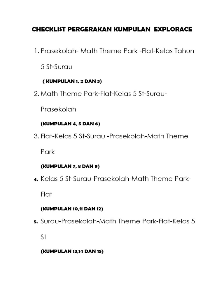 Checklist Pergerakan Kumpulan Explorace | PDF
