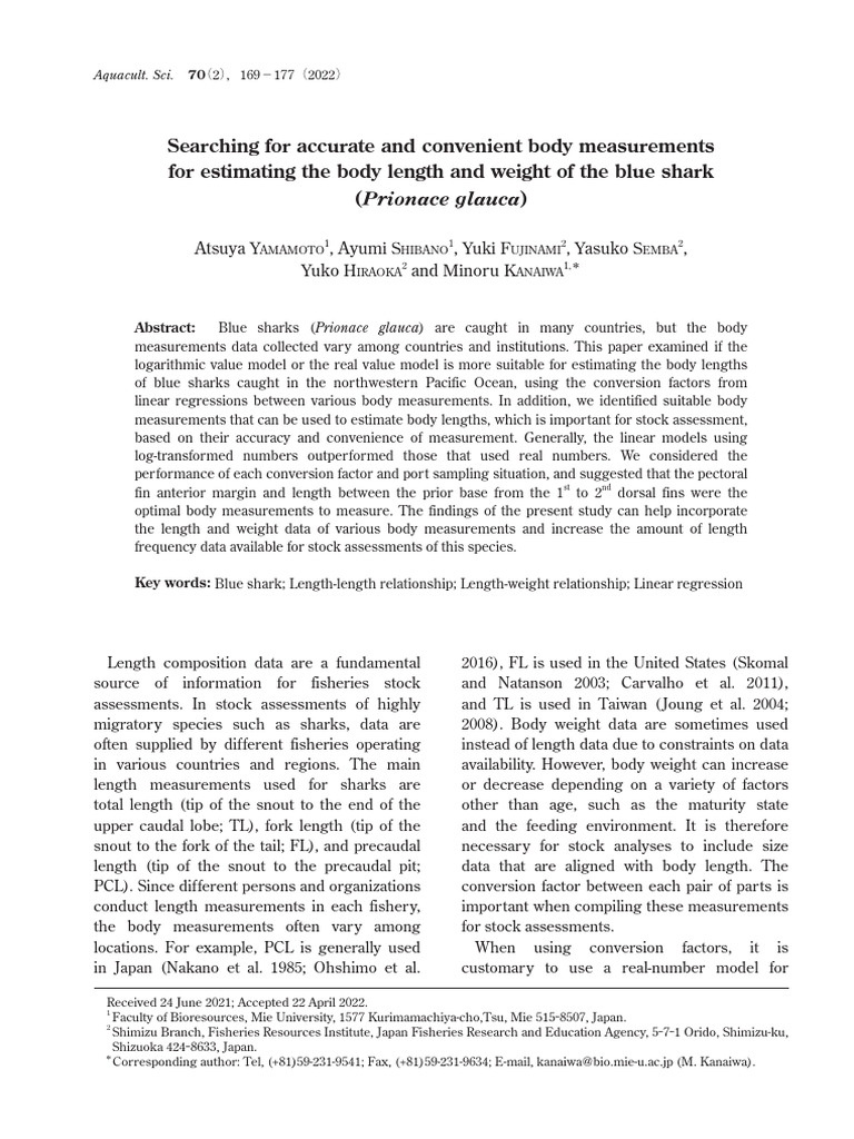 Yamamoto Et Al, 2022 - Mediciones en Tiburon Azul | PDF | Akaike Information Criterion ...