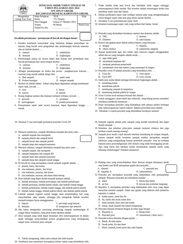 SOAL PTS Semester 1 PLH (1) | PDF