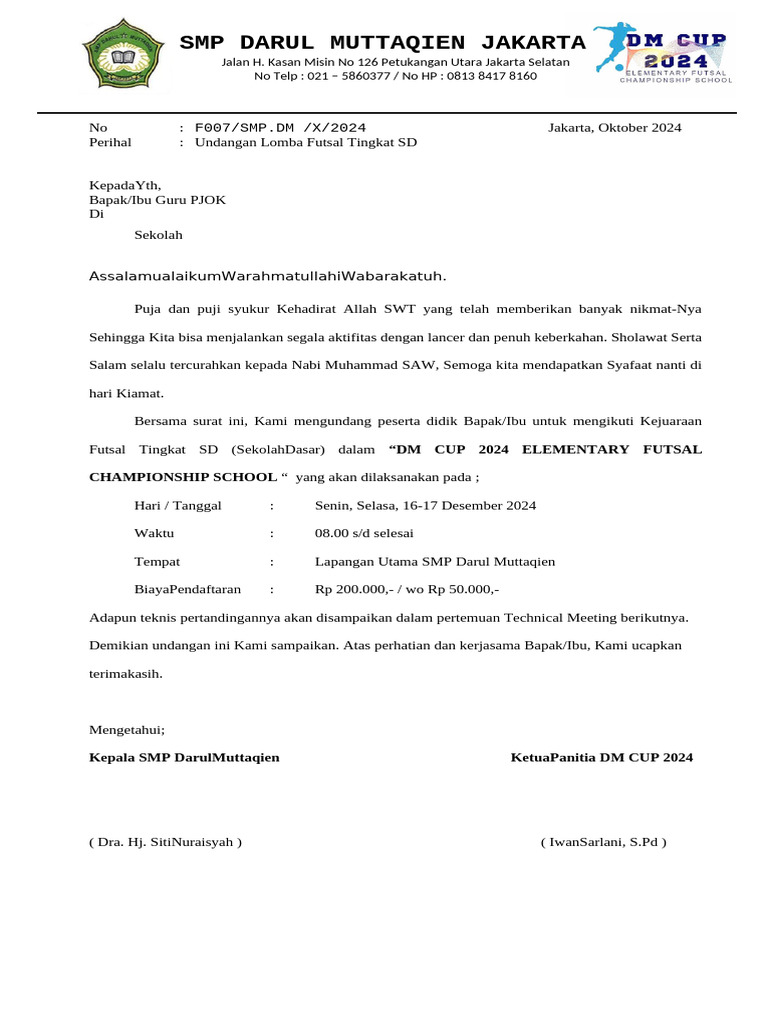 Surat Undangan Tournamen DM Cup 2024 - Vol2 | PDF