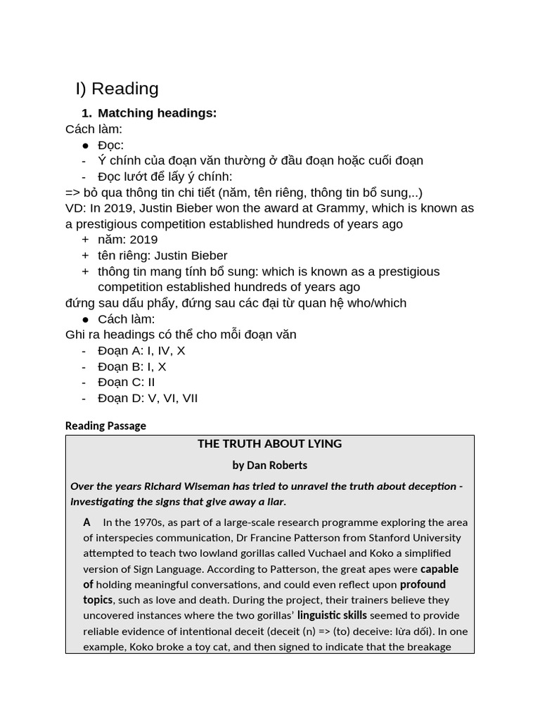 Buổi 4 - Reading (Matching Headings + Sentence Completion) + Table, Mixed Charts | PDF | Lie ...