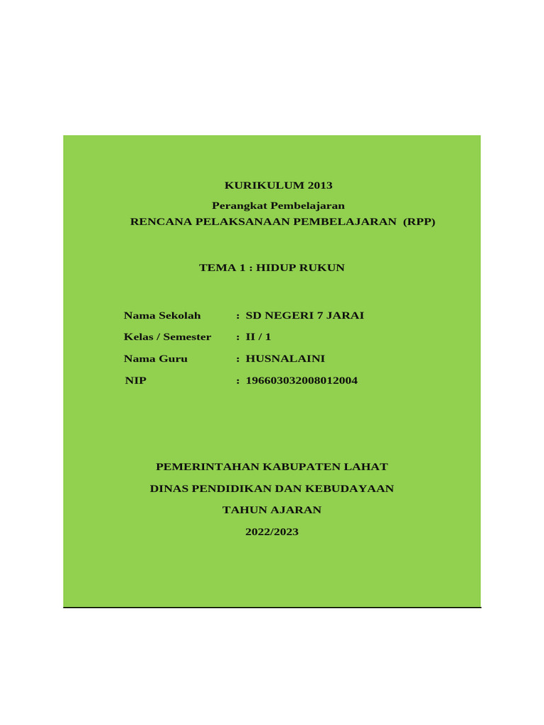 [1] Rpp Sd Kelas 2 Semester 1 - Hidup Rukun Eka | PDF