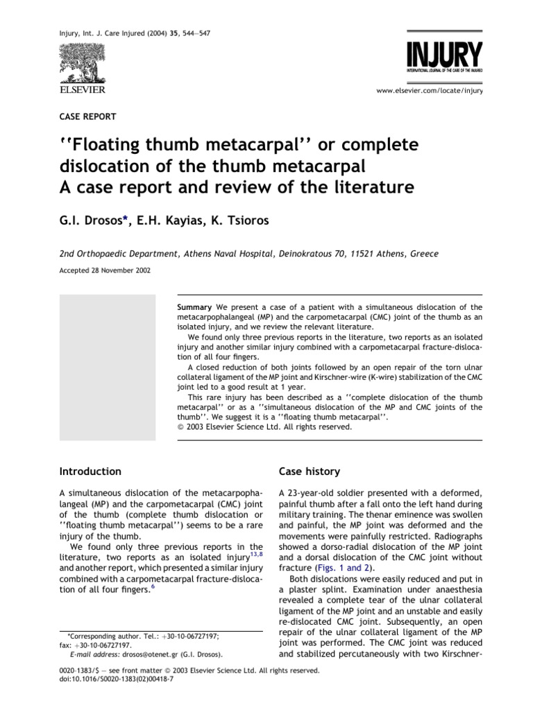 Floating Thumb Metacarpal'' or Complete Dislocation of The Thumb ...