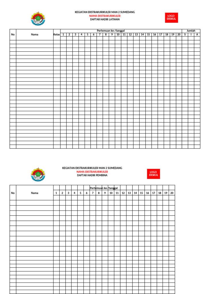 Daftar Hadir & Agenda Ekstrakurikuler 2024-2025 | PDF