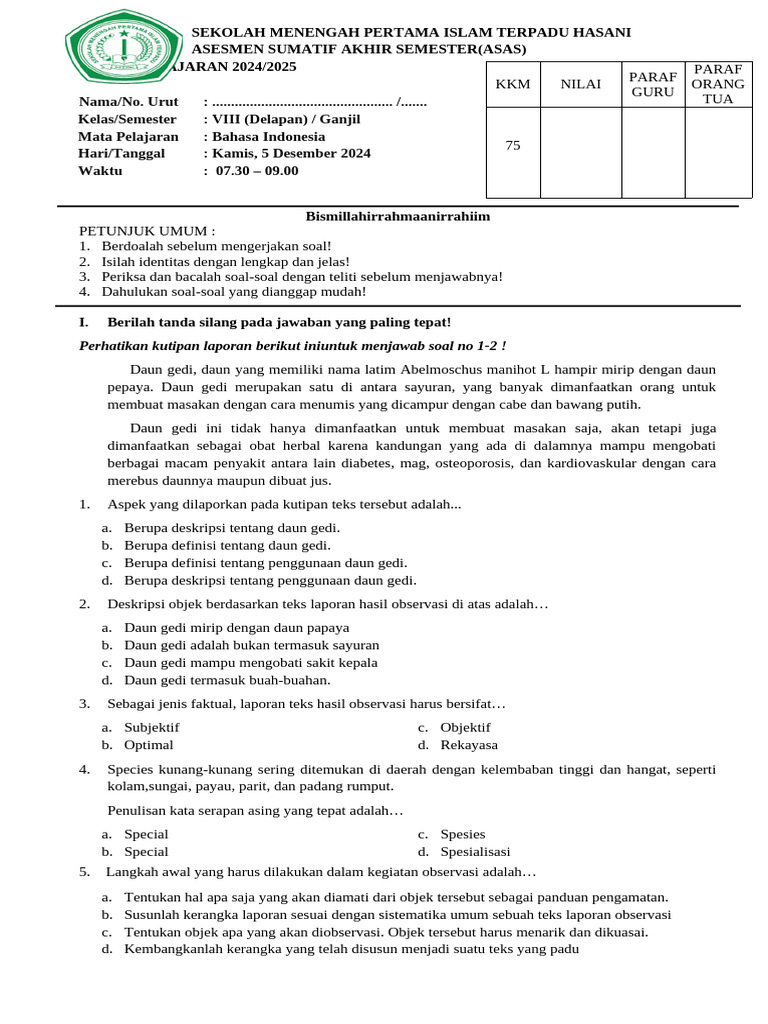 Soal Uas Indo Kls 8 | PDF