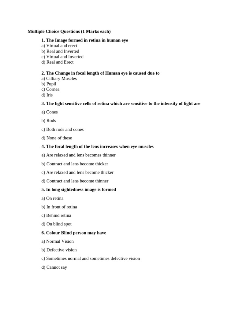Human Eye Test Questions | PDF | Eye | Human Eye