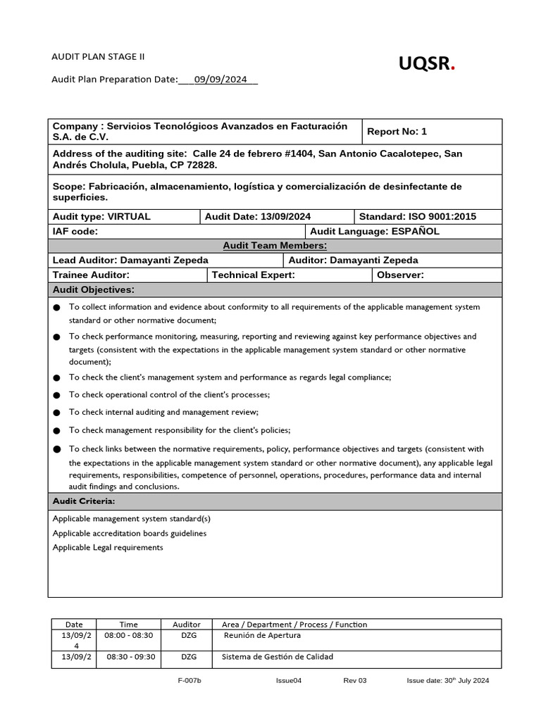 F-007b Stage II Audit Plan BALTO | PDF | Audit | Iso 9000