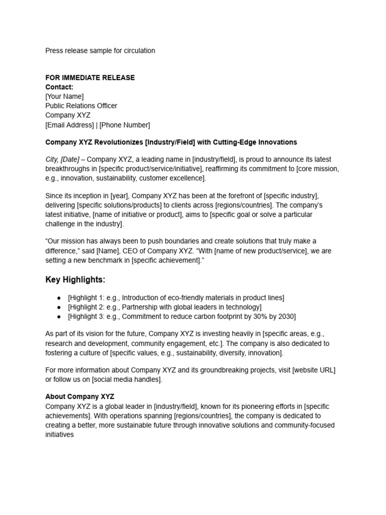Press Release Sample For Circulation | PDF