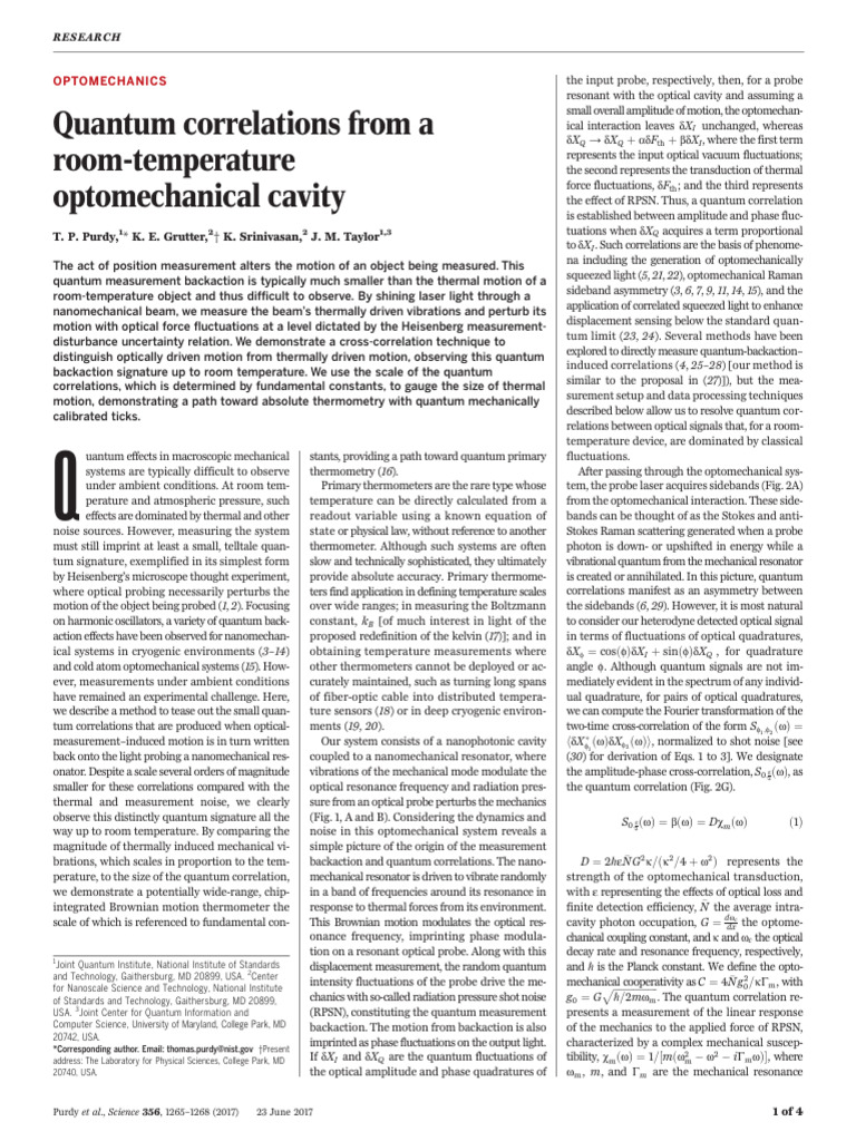 Quantum Backaction at Room Temperature | PDF | Resonance | Applied And Interdisciplinary Physics