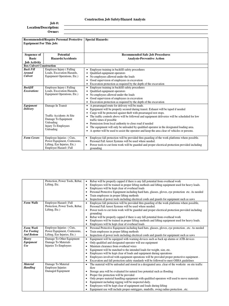 Excavation Job Safety Analysis Guide | PDF | Personal Protective ...