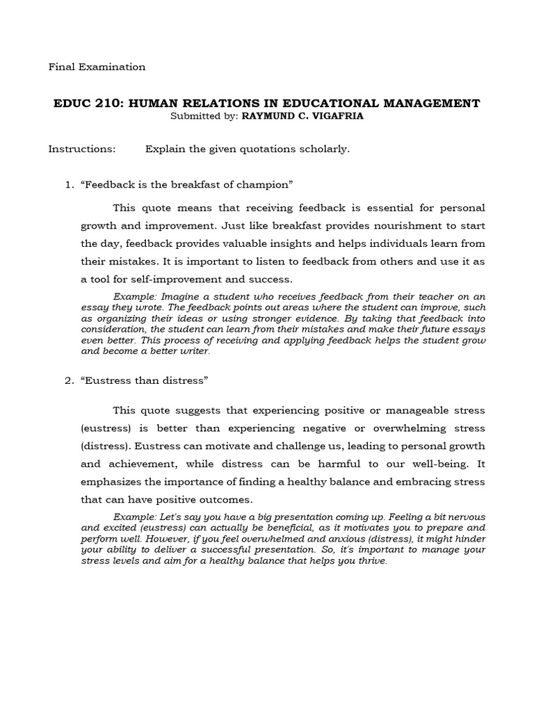 VIGAFRIA EDUC 210 Final Examinations | PDF | Stress (Biology) | Personal Development