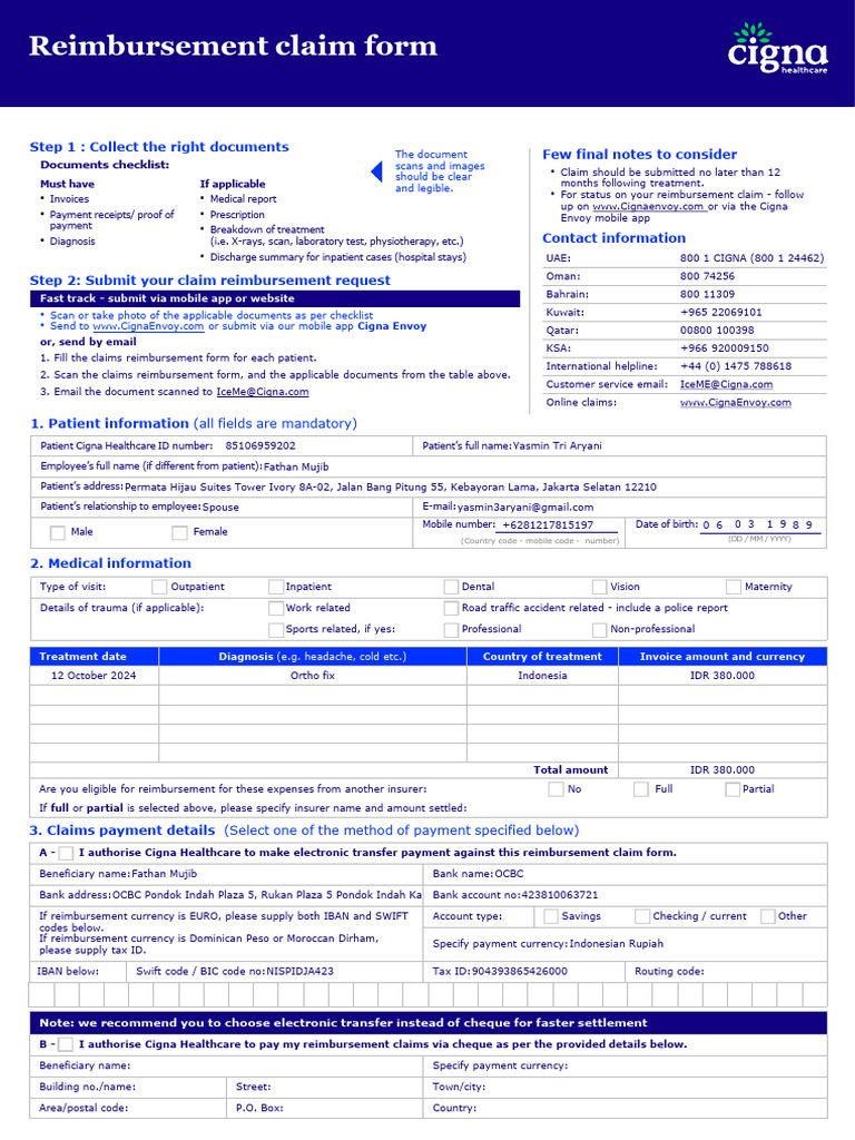Cigna ME Reimbursement Claim Form | PDF | Dentistry Branches