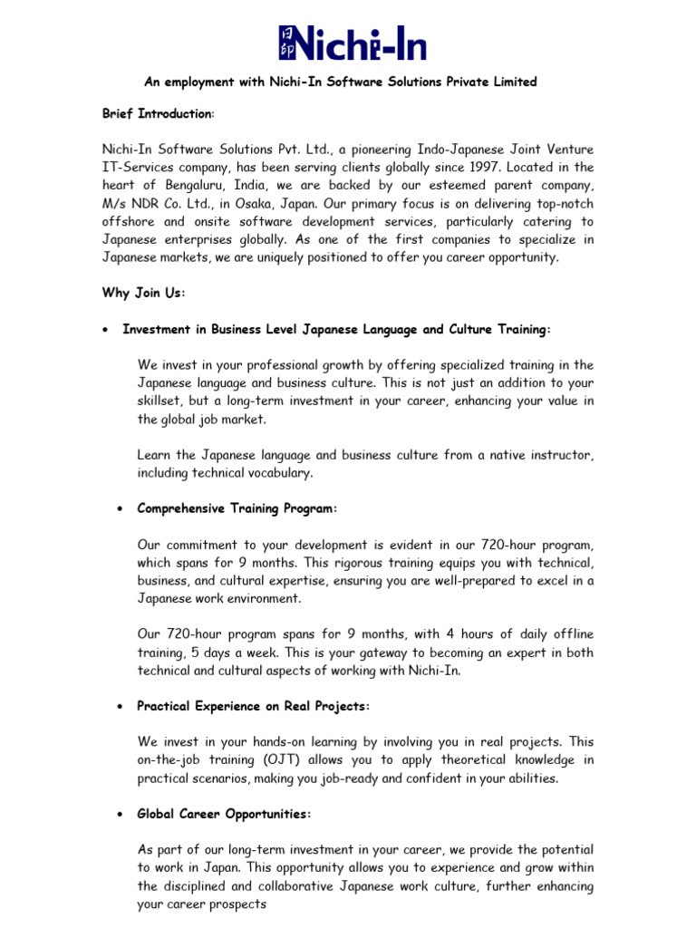 Employment With Nichi In Software Solutions Pvt Ltd Pdf Learning