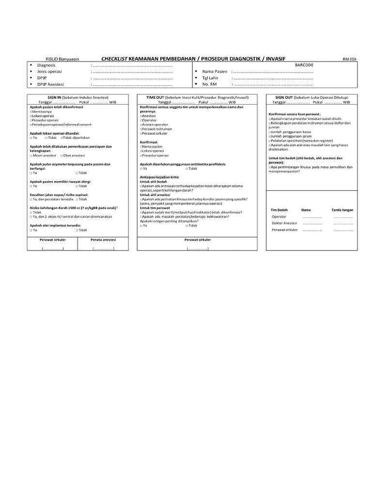 Lembar Sign in Dan Out Bedah | PDF