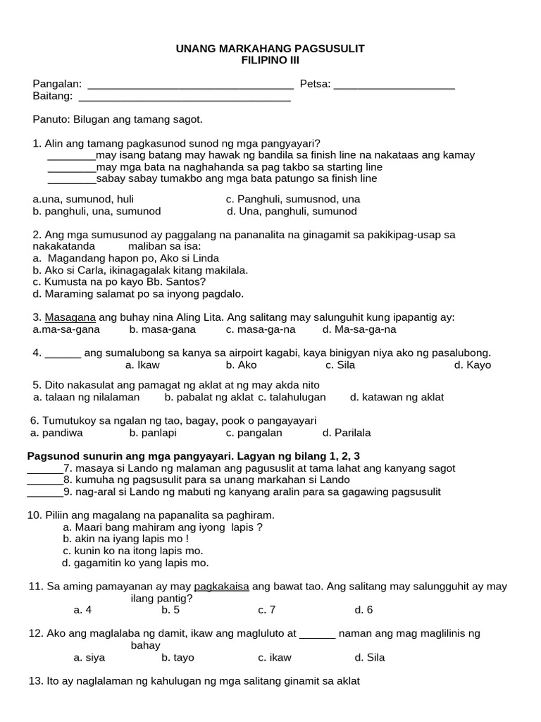 First Grading Exam Filipino | PDF