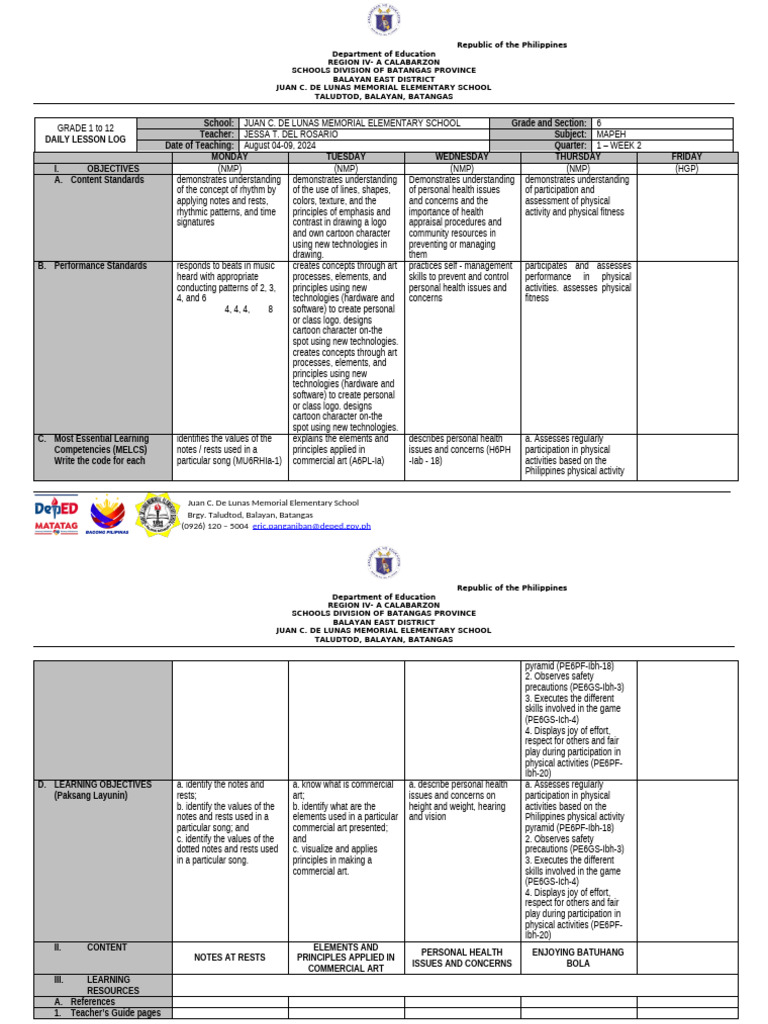 G6 Q1W2 DLL MAPEH (MELCs) | PDF | Shape | Rhythm