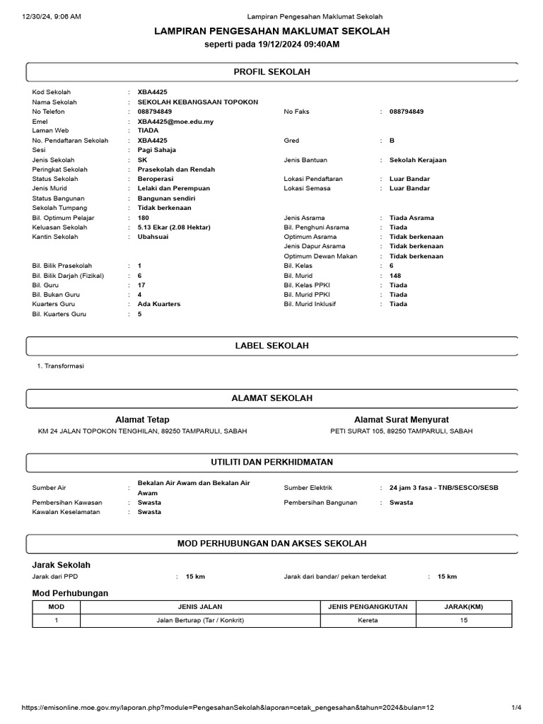 Lampiran Pengesahan Maklumat Sekolah Disember 2024 | PDF