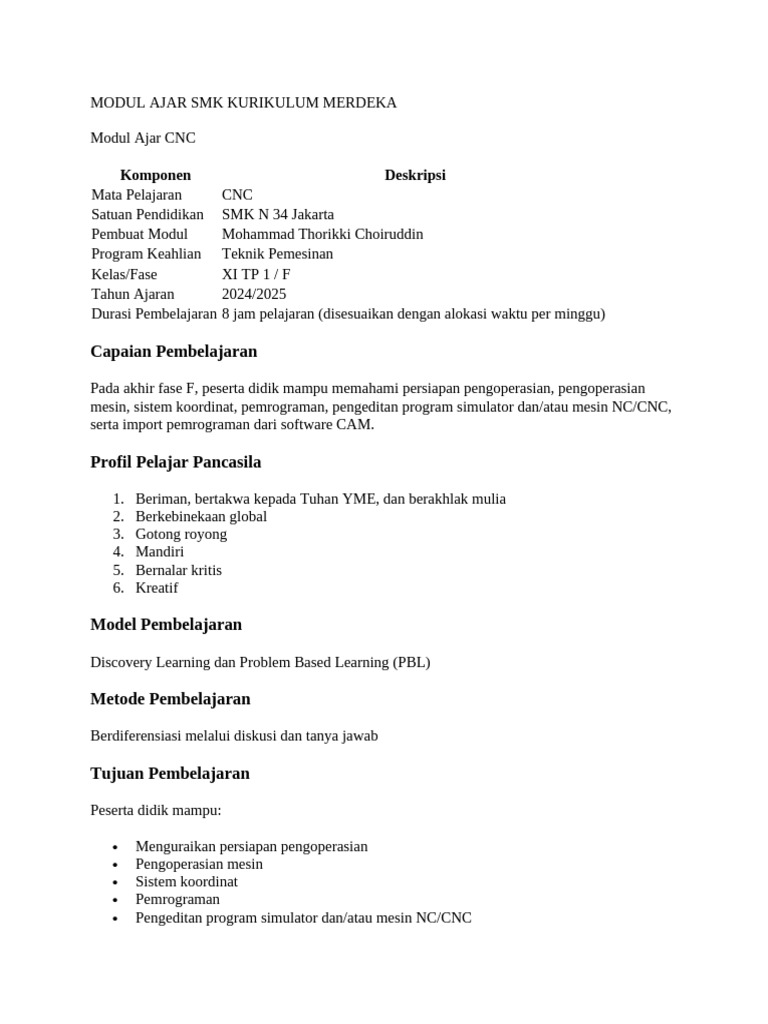 Modul Ajar - M 5 - CNC - Teknik Pemesinan Non Konvensional | PDF