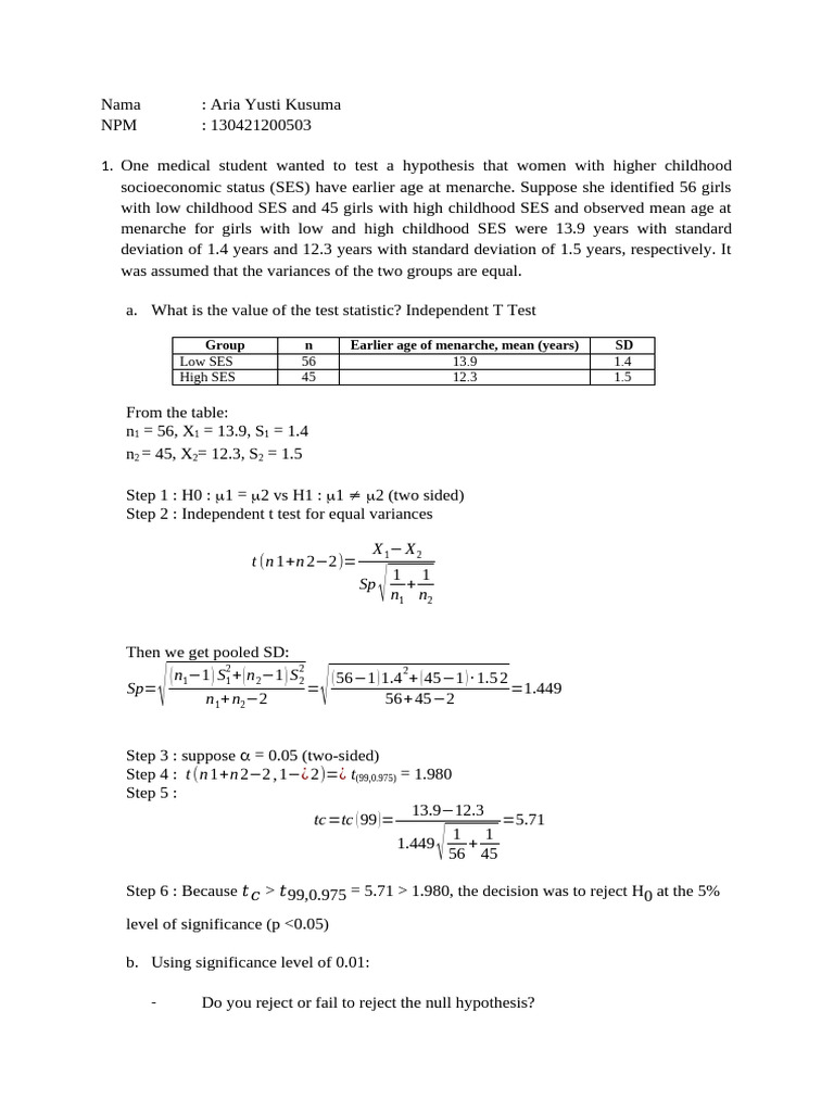 Assignment For Topic Parametric And Non Parametric Tests Part I Pdf Standard Deviation