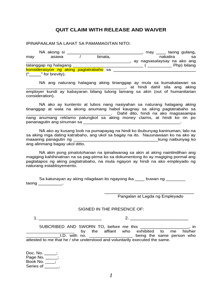 Quitclaim_Release_ (Tagalog Draft) | PDF