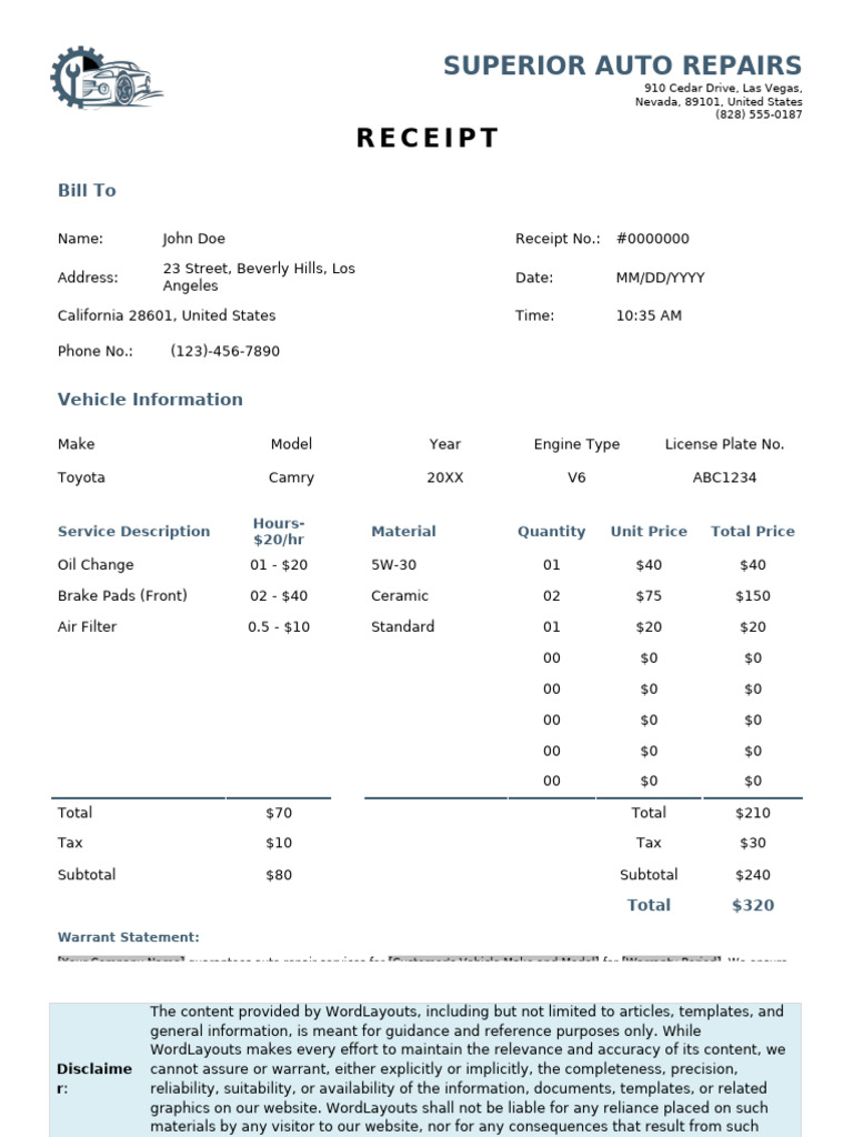 Auto Repair Receipt Template 11-07-86ep8n0vt | PDF | Vehicles | Land ...