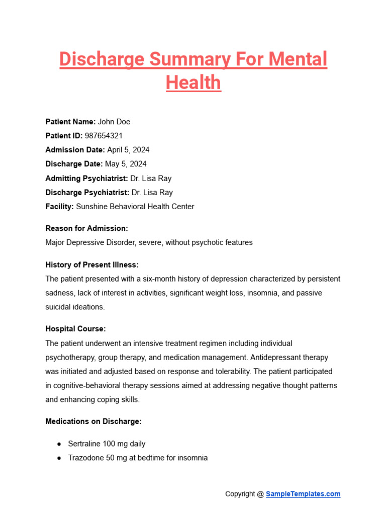 Mental Health Discharge Summary Example | PDF | Psychotherapy | Major ...