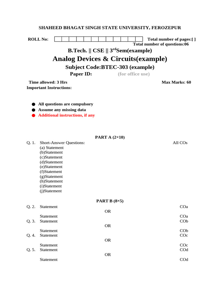 Analog Devices & Circuits (Example) : B.Tech. - CSE - 3 Sem (Example) Subject Code:BTEC-303 ...