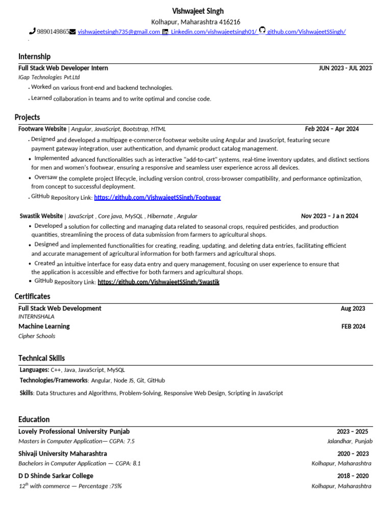 VishwajeetSSinghCV | PDF | Java Script | Web Development