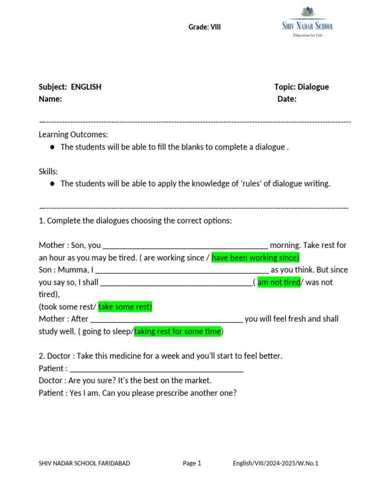 Dialogue Writing Worksheet Grade 8 | PDF