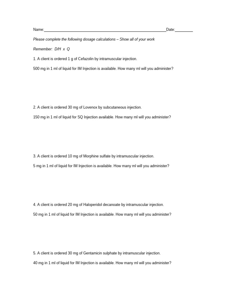 Dosage Calculation Worksheet | PDF | Injection (Medicine ...