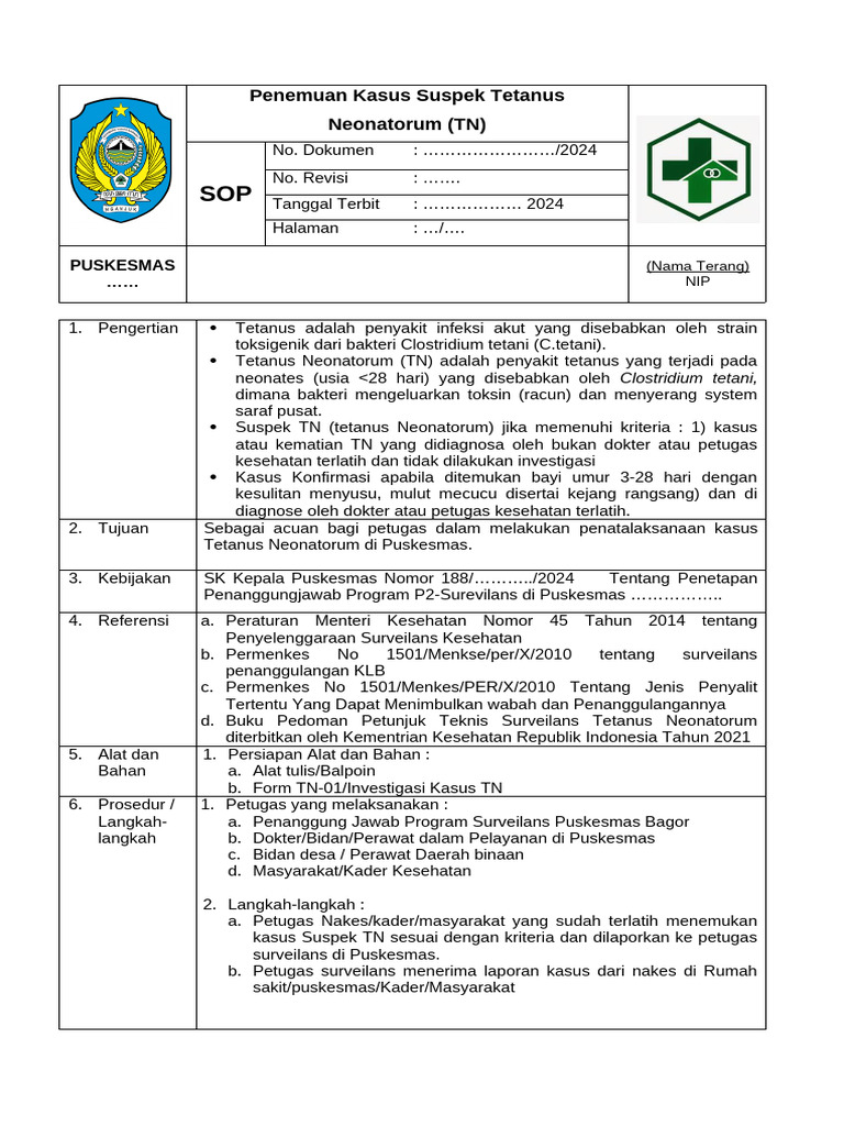 Sop Penemuan Kasus Suspek TN (Tetanus Neonatorum) | PDF