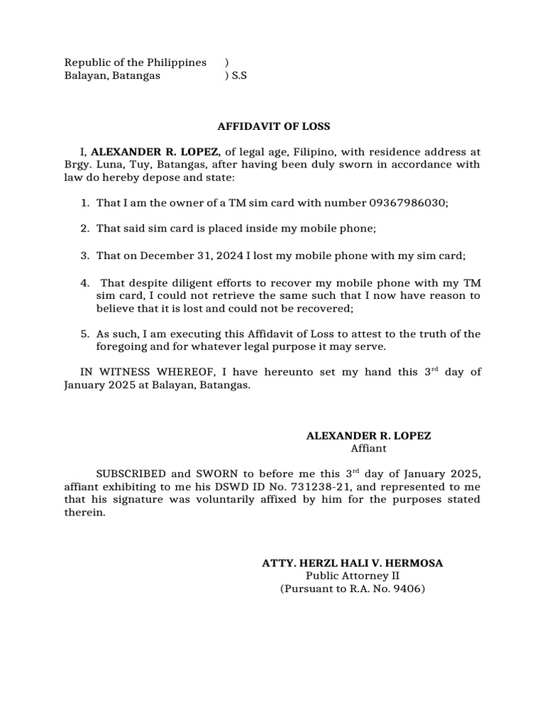 Affidavit of Loss Sim Card | PDF