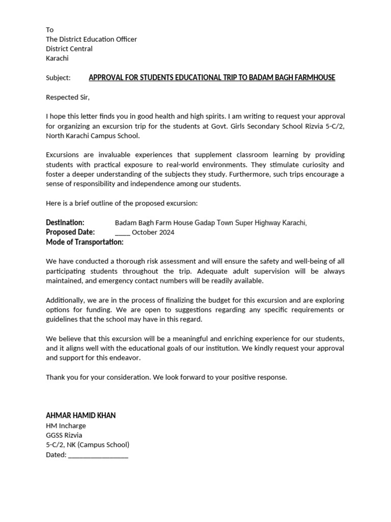 Letter - Excursion School Trip | PDF