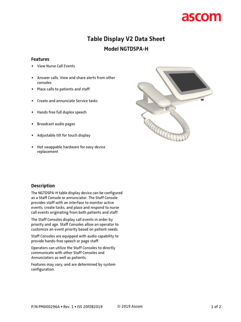 NGTDSPA-H Table Display V2 Data Sheet Rev 1 | PDF | Computer Engineering | Physical Layer Protocols