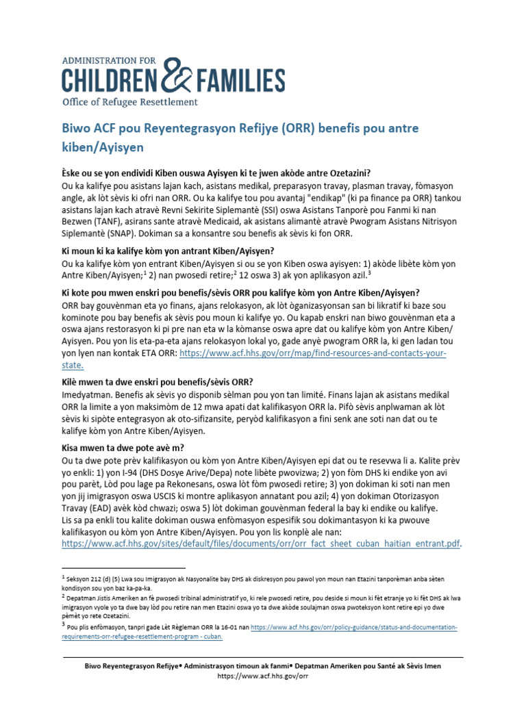 Benefits For Cuban Haitian Entrants Haitian Creole | PDF