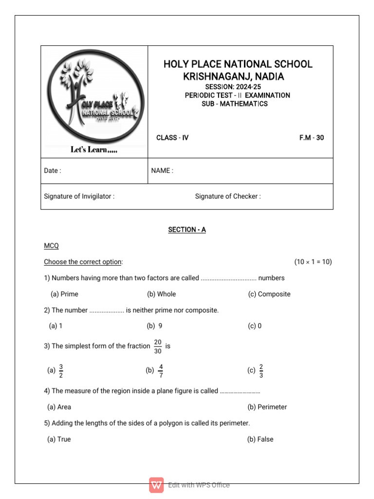 Class IV Mathematics Periodic Test 2024-25 | PDF | Mathematics