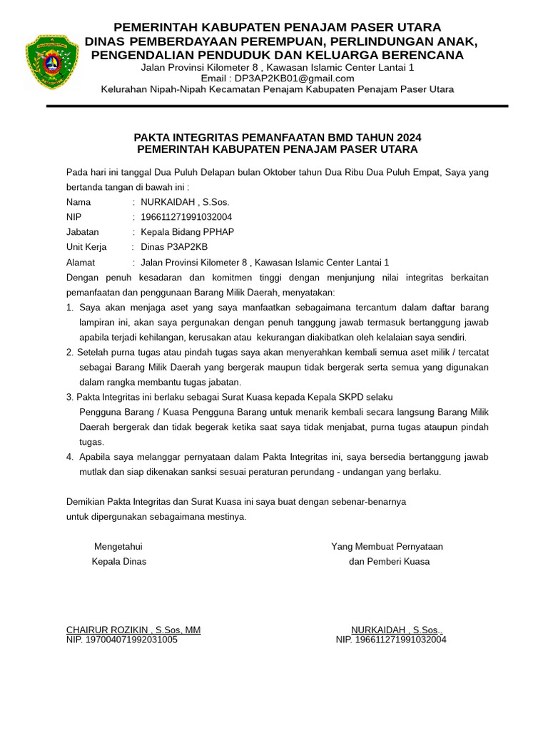 FORMAT PAKTA INTEGRITAS PEMANFAATAN BMD 2024 - Ibu Nurkaidah | PDF