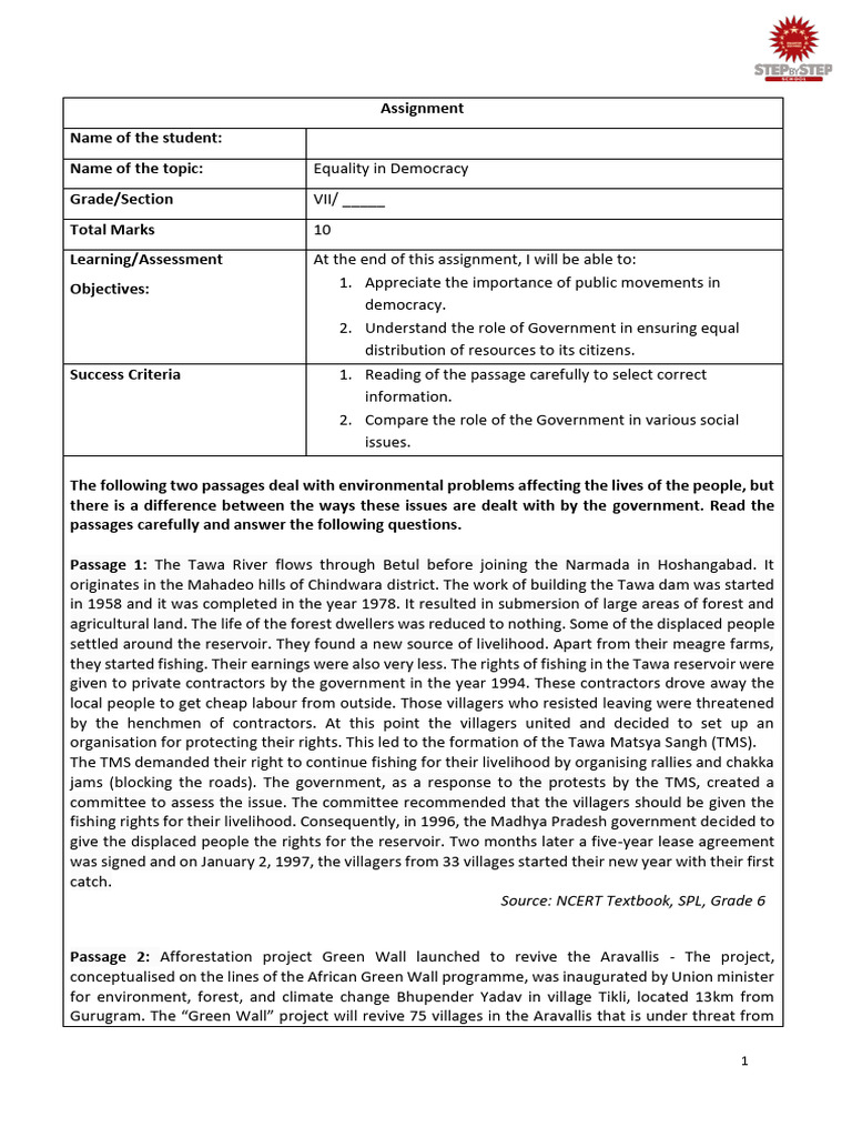 Class VII - On Equality - Assignment | PDF | Environmental Issues | Ecology