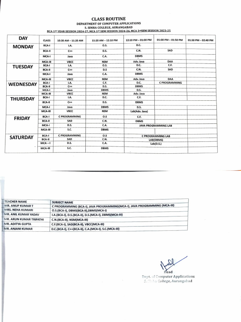 Class Schedule for Computer Applications | PDF